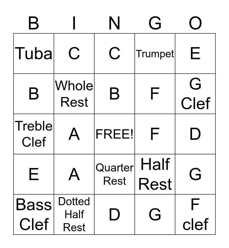 Treble Clef & Bass Clef Bingo! Bingo Card