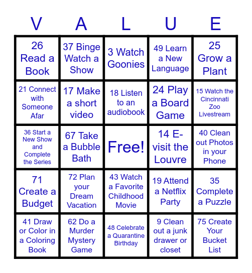 VALUE Bingo Card