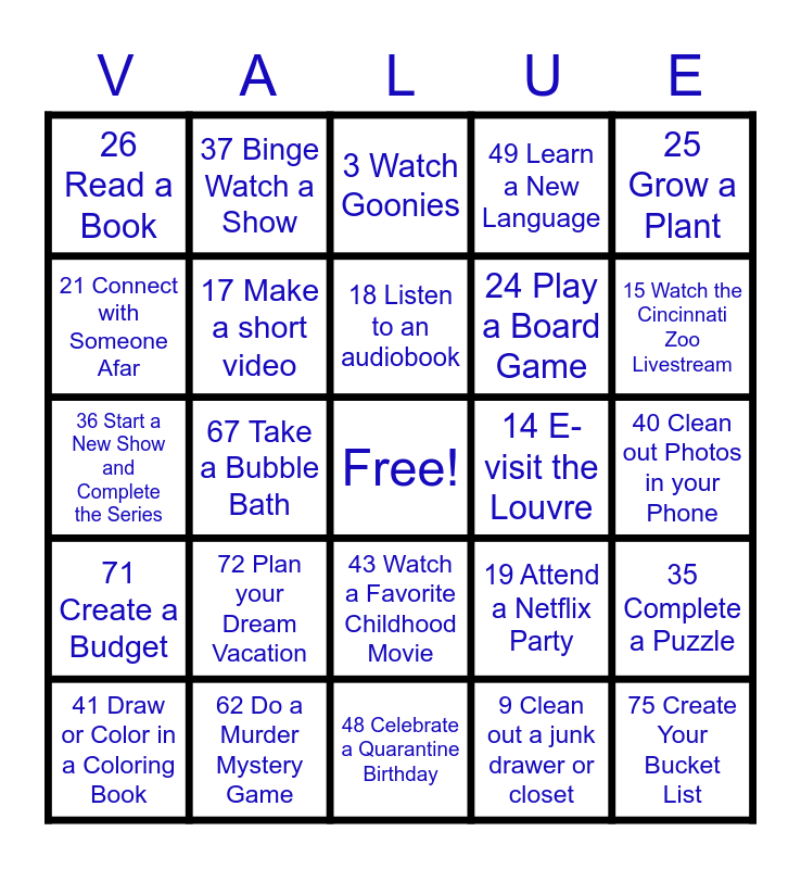VALUE Bingo Card