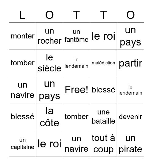 French Word Lotto Bingo Card