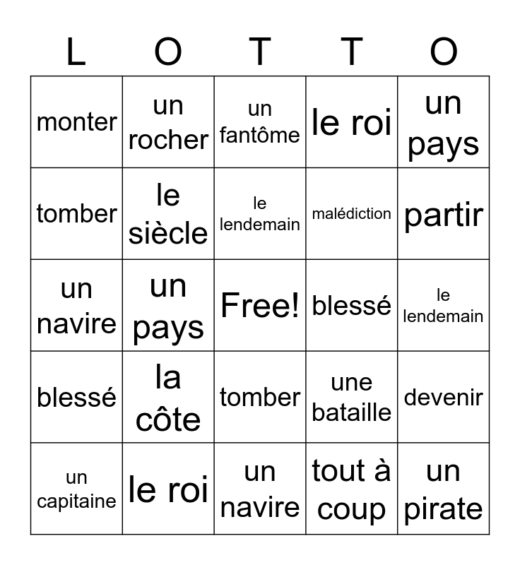French Word Lotto Bingo Card