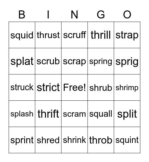 OG 3 Letter Blends (thr-, shr-, scr-, str-, spr-, spl-, squ-) Bingo Card