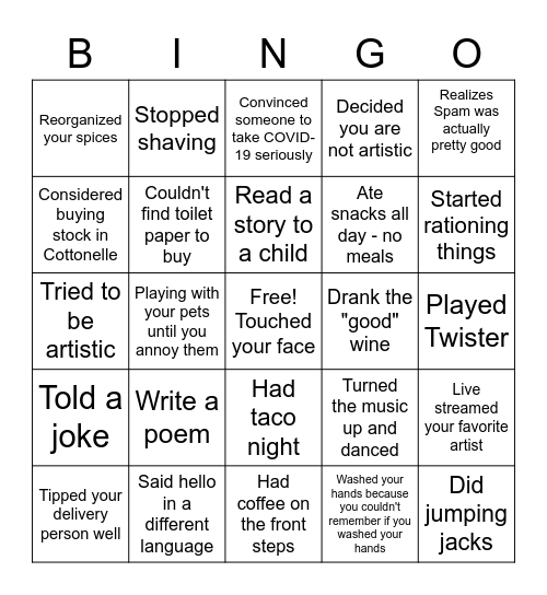 Stay Home Bingo Card