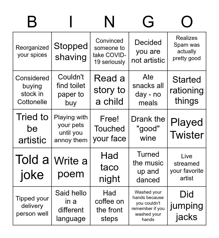 Stay Home Bingo Card