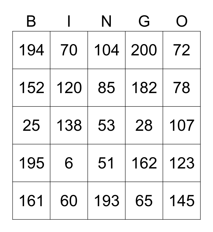Numbers Bingo Card