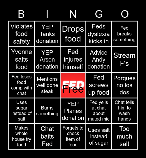 Fed Cooking Stream Bingo Card