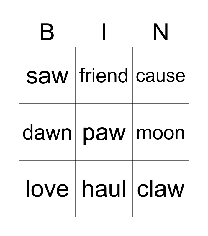 Spelling Words Unit 6 Week 2 Bingo Card