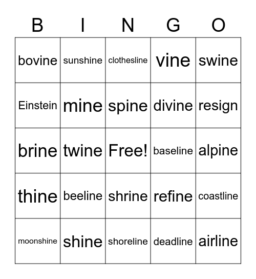 Rhymes with Wine Bingo Card