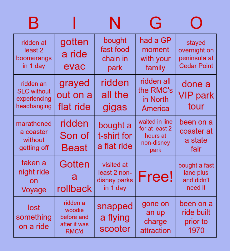 Roller coaster and Park Bingo Card