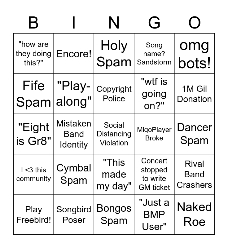Songbird Concert Bingo Card