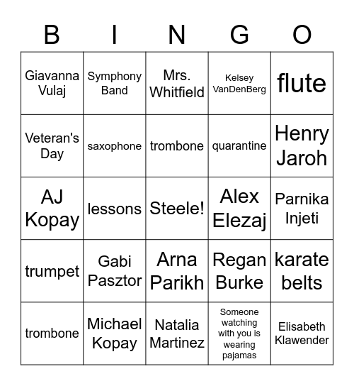 2020 OLS Virtual Band Recital Bingo!!! Bingo Card