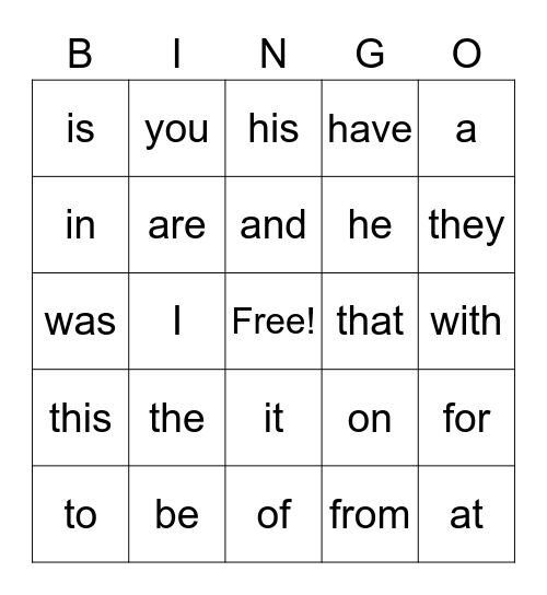 Fry Words 1-25 Bingo Card