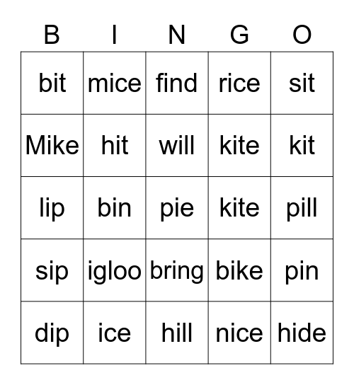 Long I and short I Bingo Card