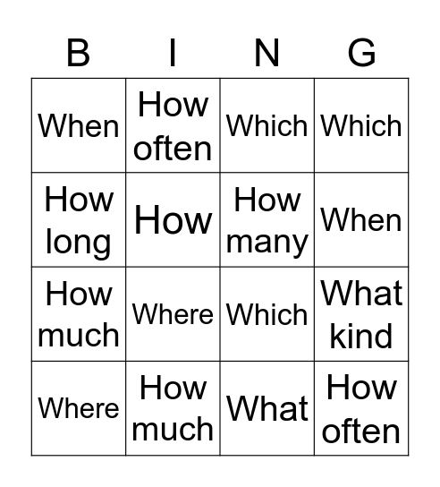 Wh- questions Grammar Bingo Card
