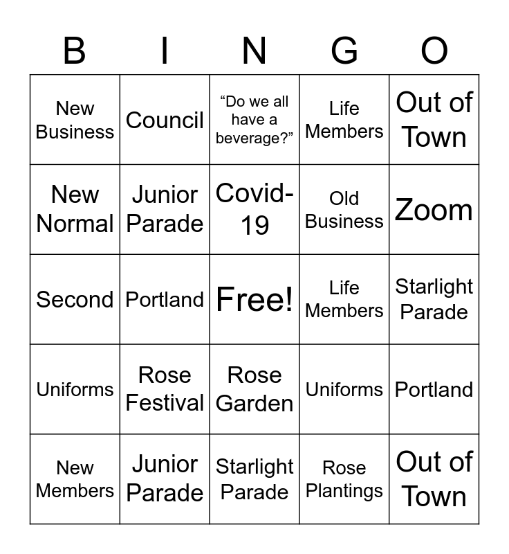Membership Meeting Bingo Card