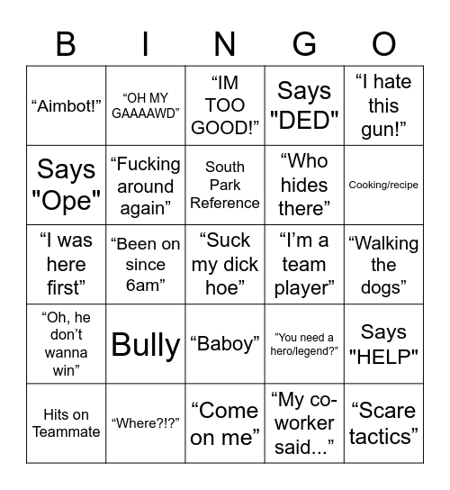 CoD Warzone Bingo Card