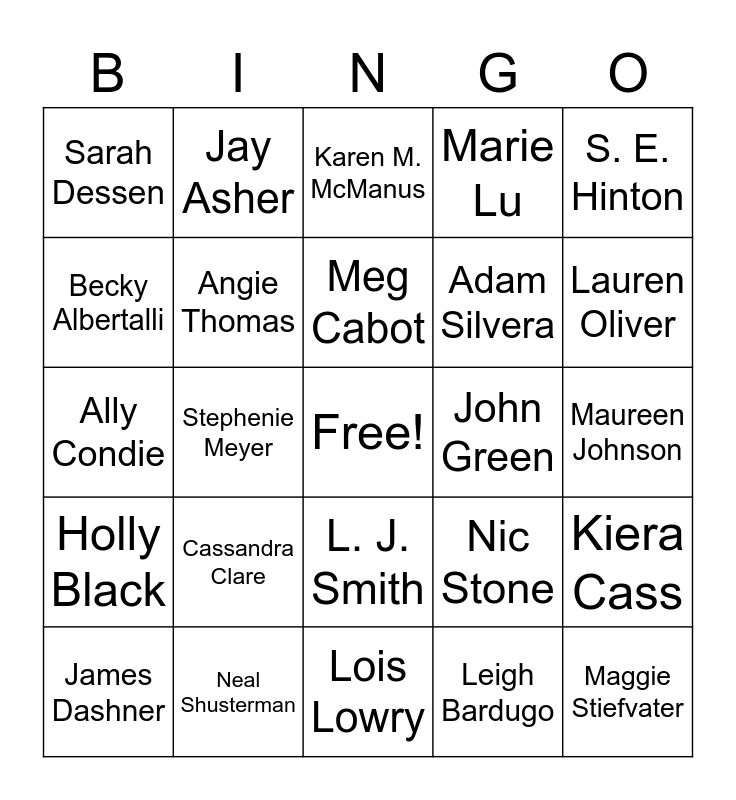 YA Authors Bingo Card