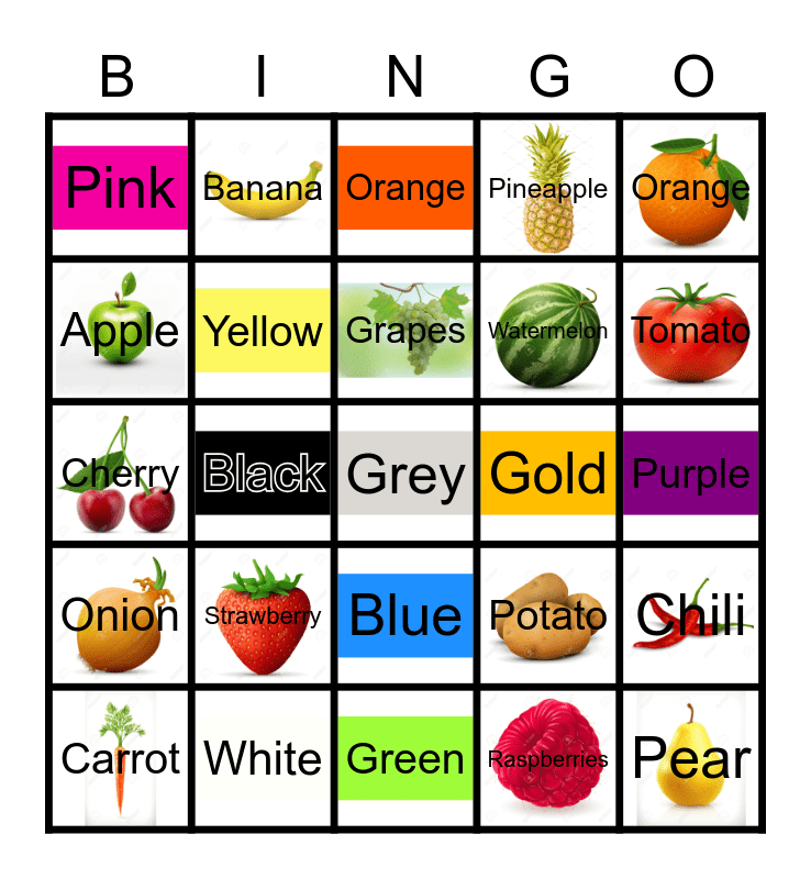 Fruits, Vegetables and Colours Bingo Card