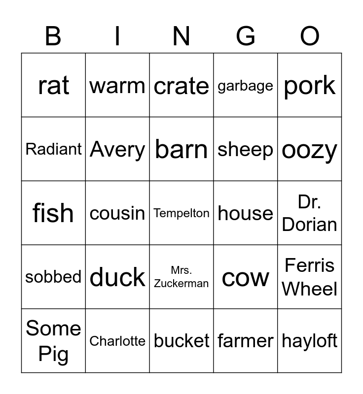 Charlotte's Web Bingo Card