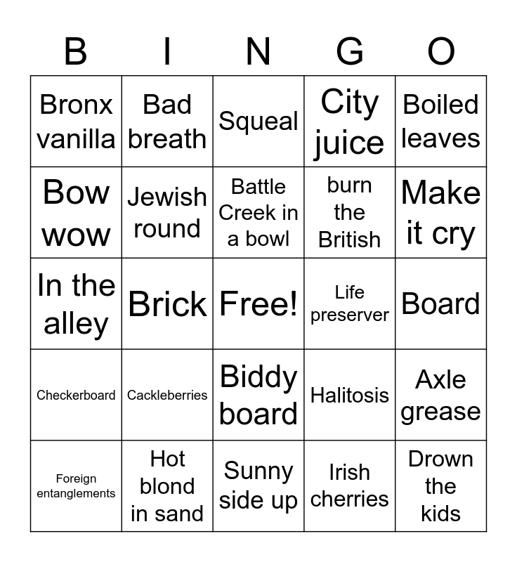 Diner Lingo Bingo Card