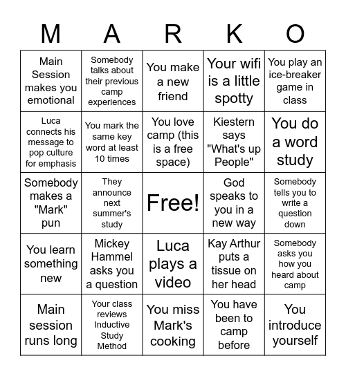 Boot Camp Bingo Card