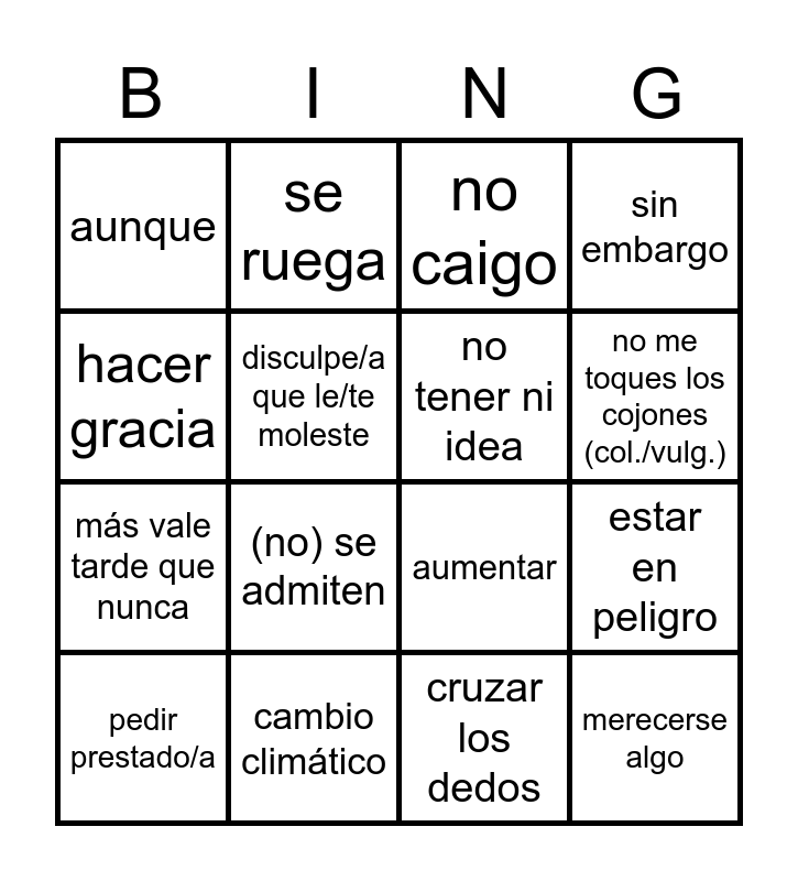 repaso de vocabulario B1.1 TK Bingo Card