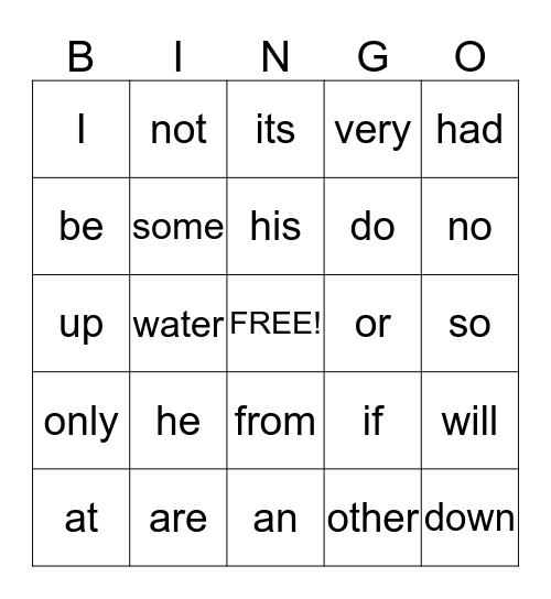 High Frequency Words Bingo Card
