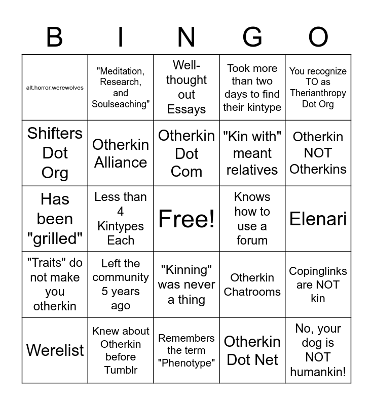 Otherkin Graymuzzle Bingo Card