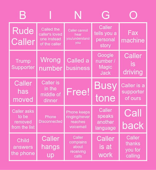 Phone Bank Bingo Bingo Card Phone Bank Bingo Bingo Card