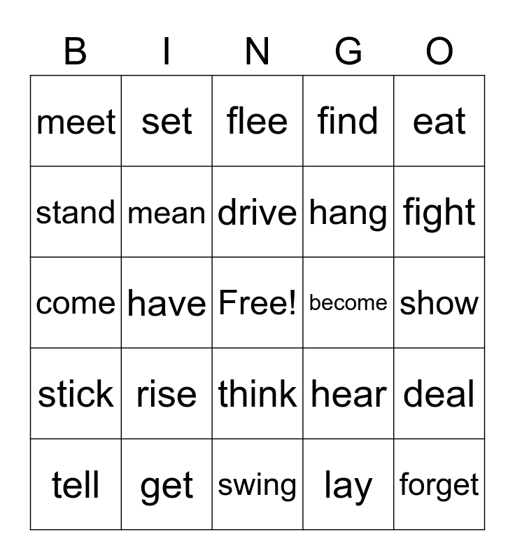 Irregular Verbs Bingo Card