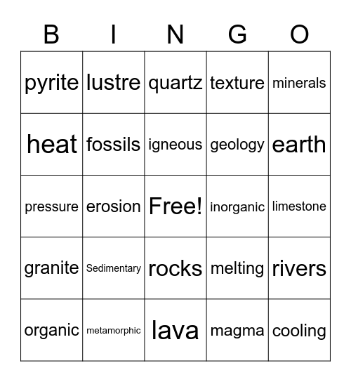 Rocks and Minerals Bingo Card