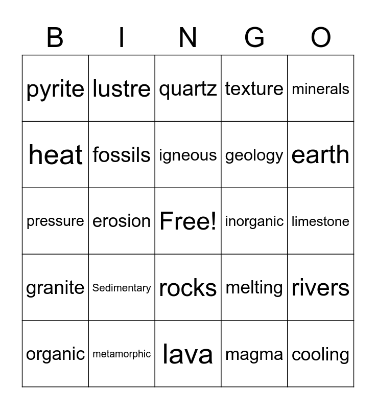 Rocks and Minerals Bingo Card