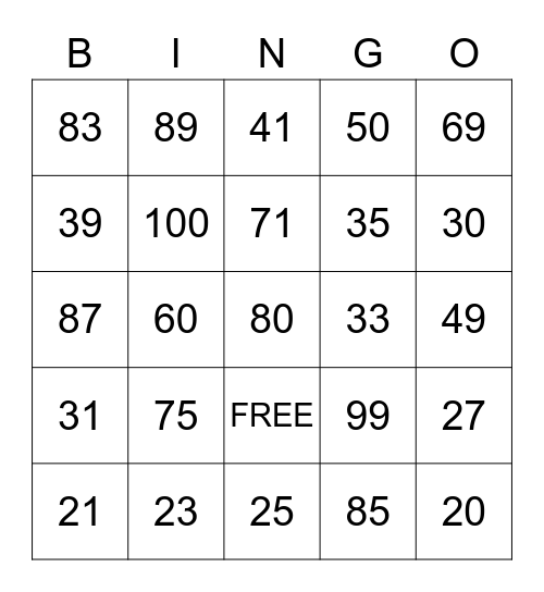numbers 1-100 Bingo Card