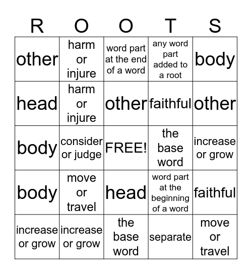 Trimester One Roots Bingo Card