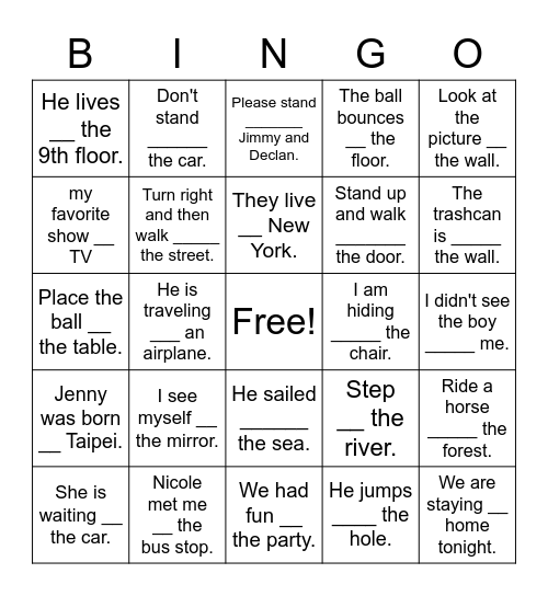 Prepositions of Place Bingo Card