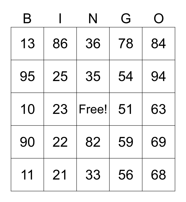 Number Bingo 1-100 Bingo Card