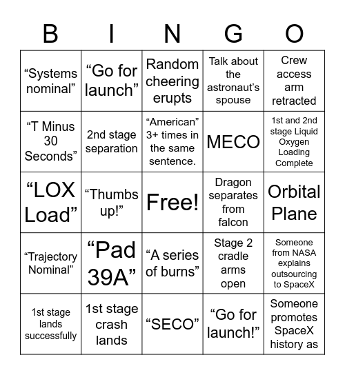 Luna's SpaceX Countdown Bingo Card