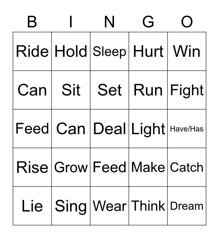Irregular Past Tense Bingo Card