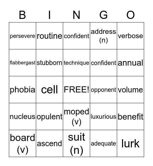 vocabulary bingo Card