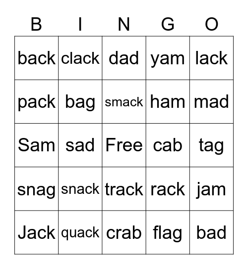 Word Family Bingo: -ack and -am Bingo Card