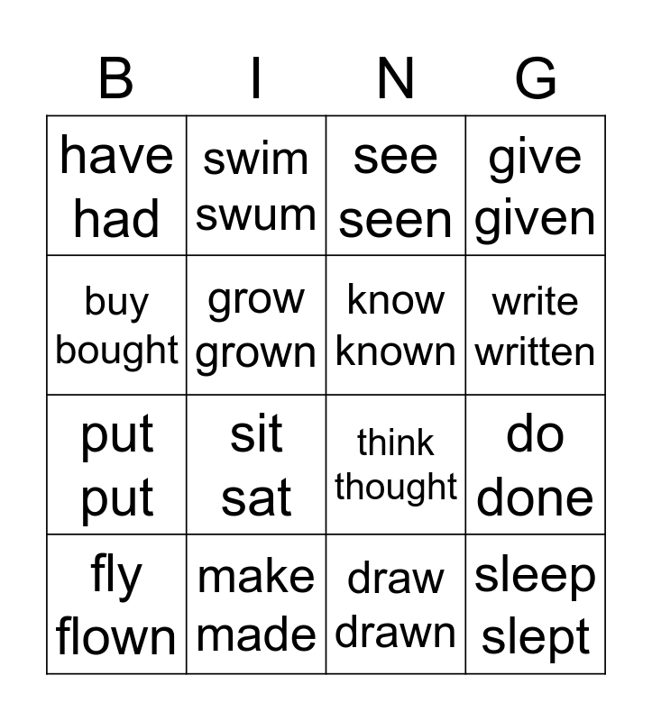 Past participles Bingo Card