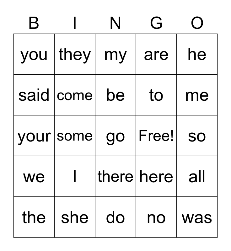 Tricky Words Bingo Card