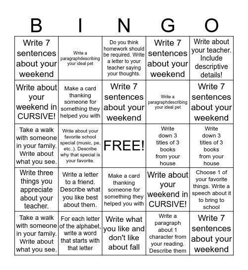 Writing Homework Bingo Card