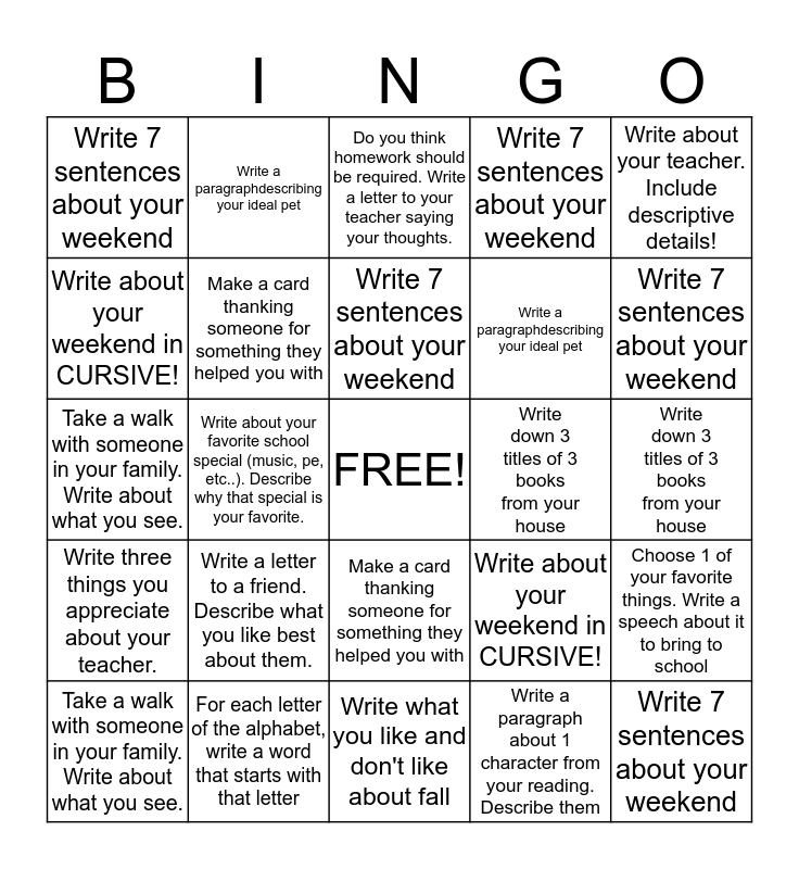 Writing Homework Bingo Card