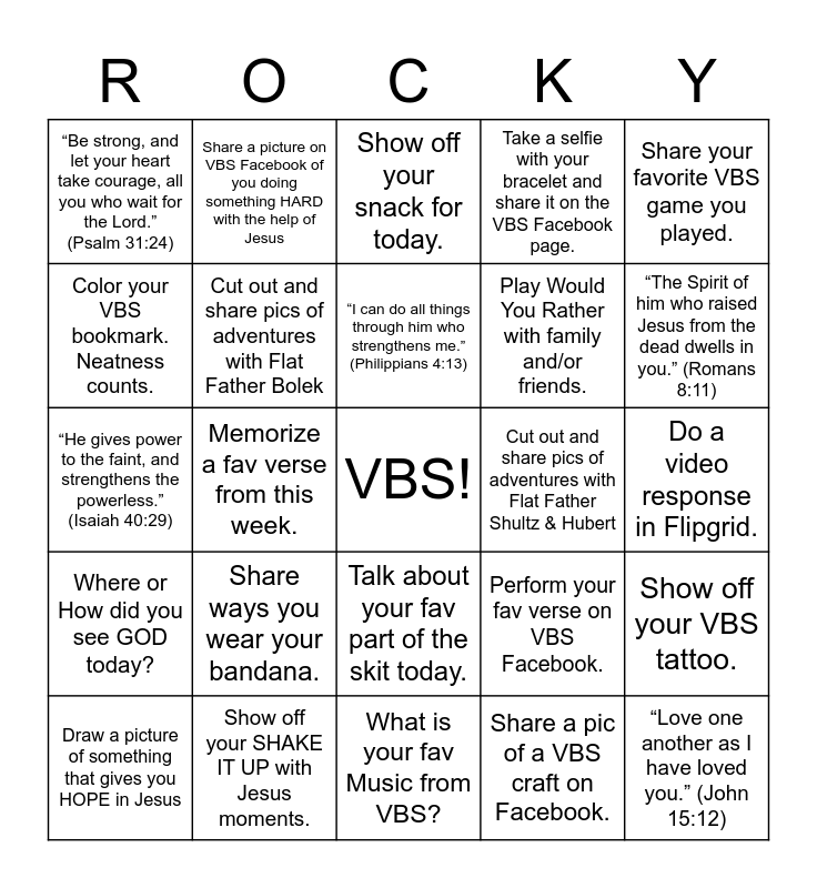 Rocky Railway VBS 2020 Bingo Card