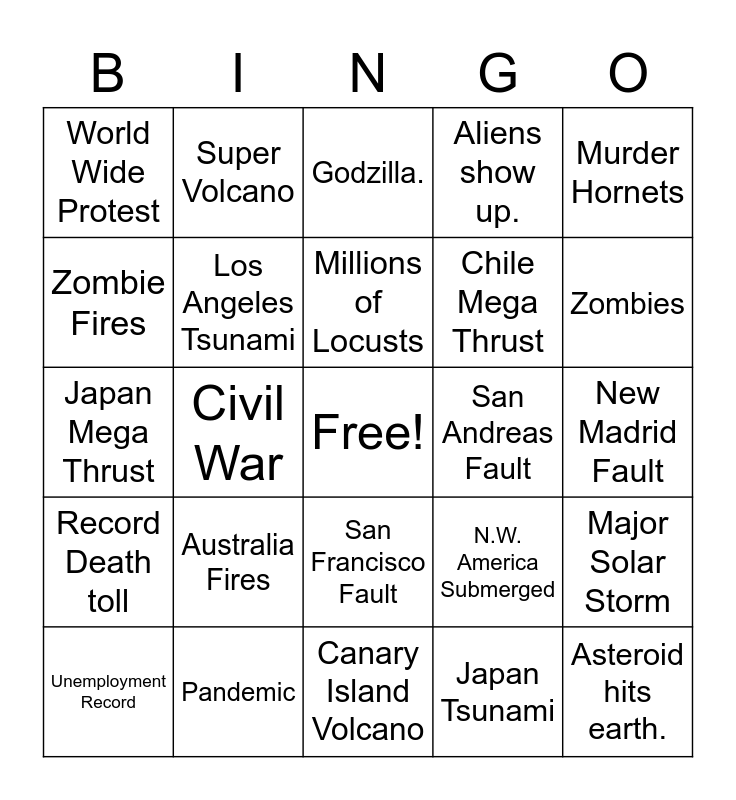 Apocalypse 2020 Bingo Card