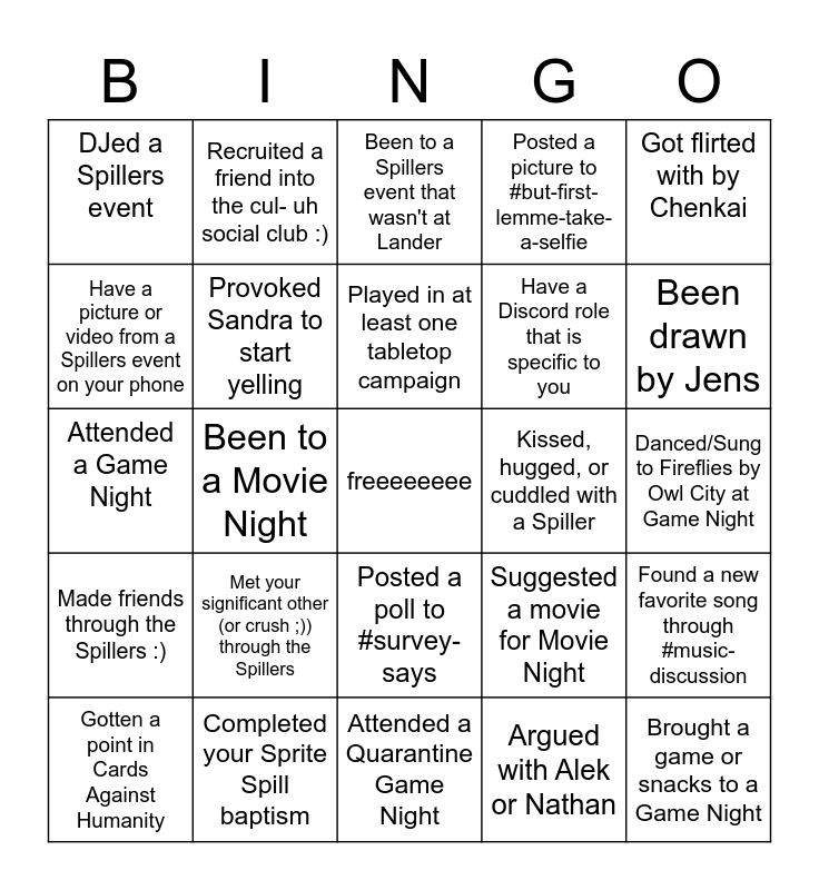 Sprite Spillers Anonymous Bingo Card