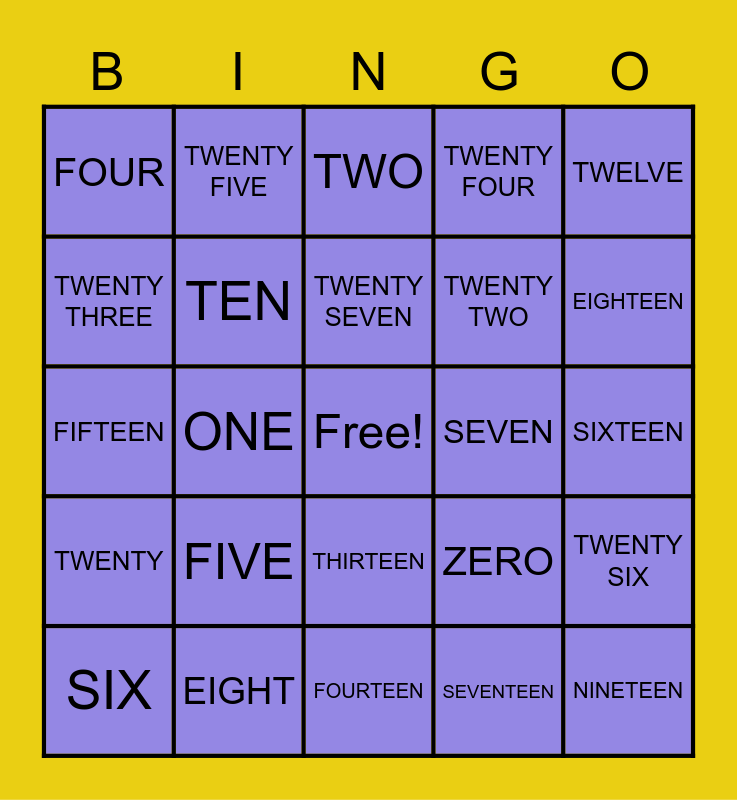 Y2 BINGO - NUMBERS Bingo Card