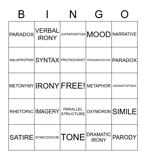 AP LITERATURE VOCAB SET 2 Bingo Card