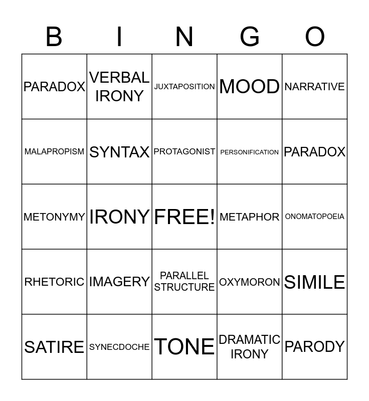 AP LITERATURE VOCAB SET 2 Bingo Card